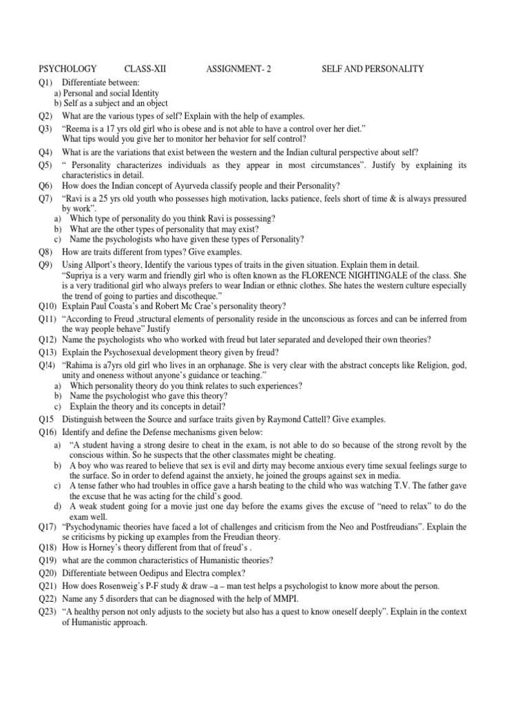 CBSE Class 12 Psychology Worksheet | PDF | Id | Extraversion And Introversion