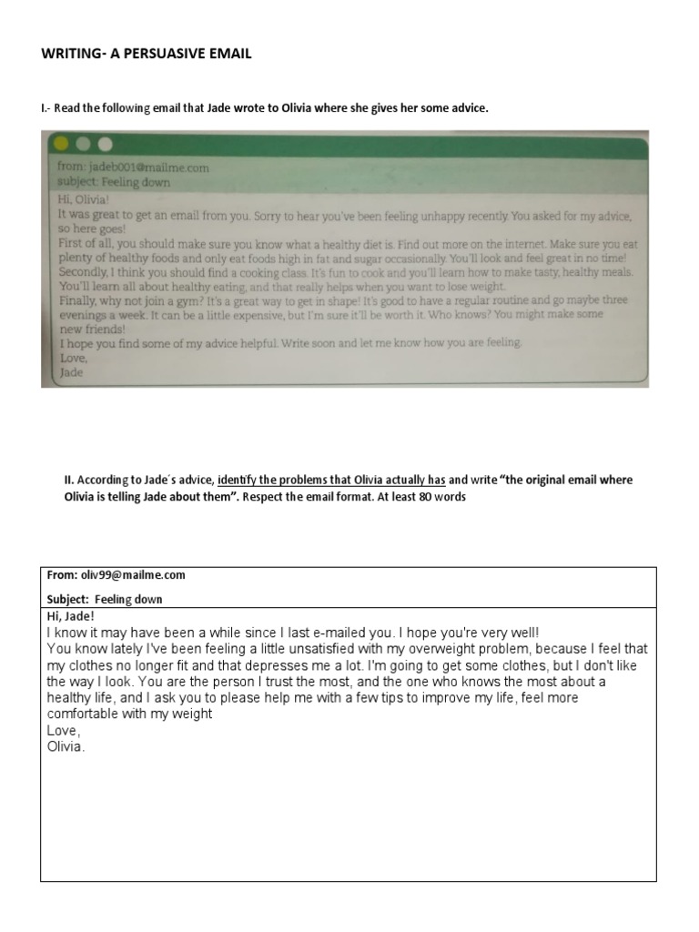 Writing-A Persuasive Email: I. - Read The Following Email That Jade ...