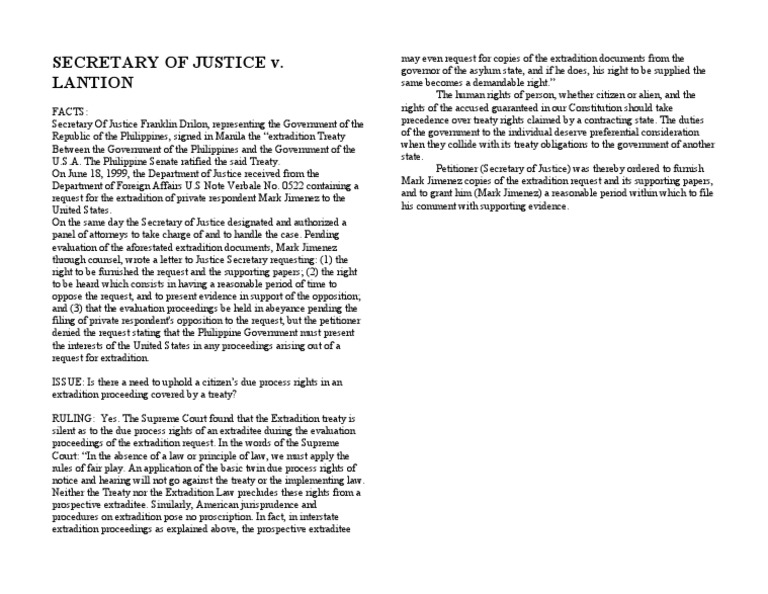 Secretary of Justice V. Lantion | PDF | Extradition | Constitutional Law
