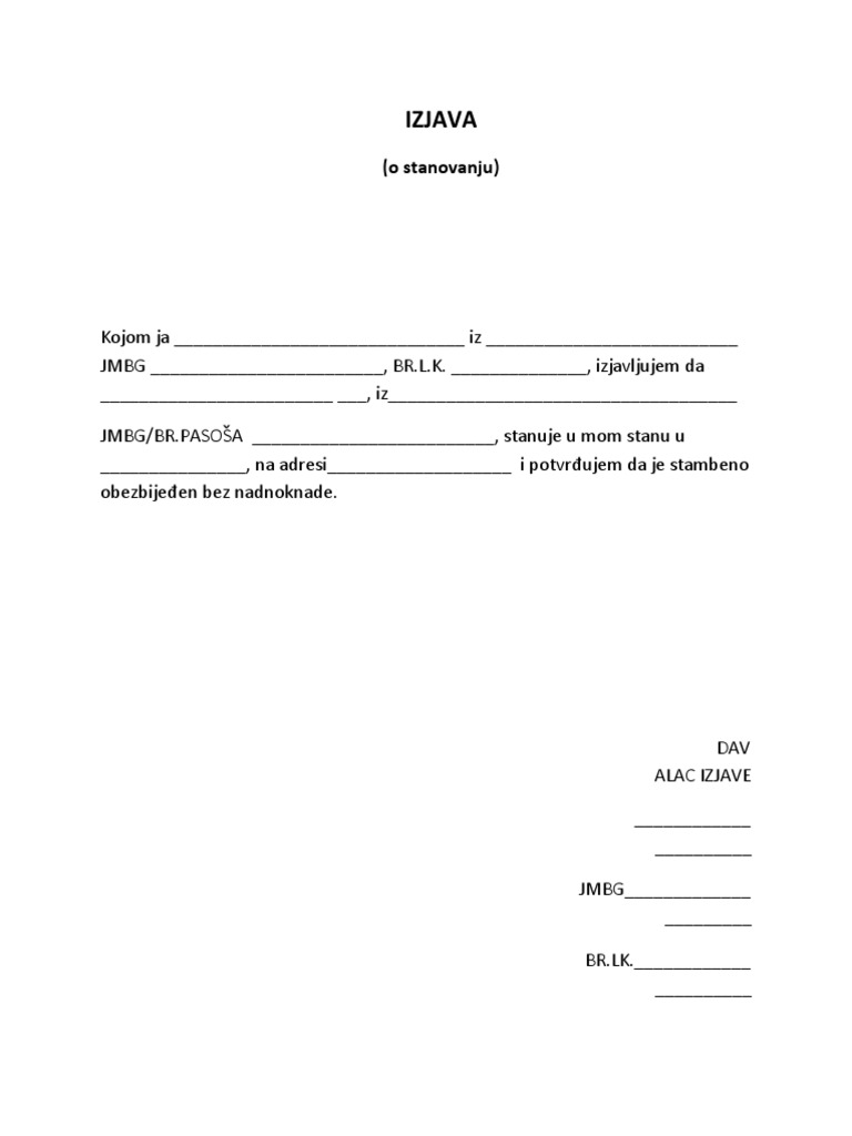 Izjava o Stanovanju | PDF
