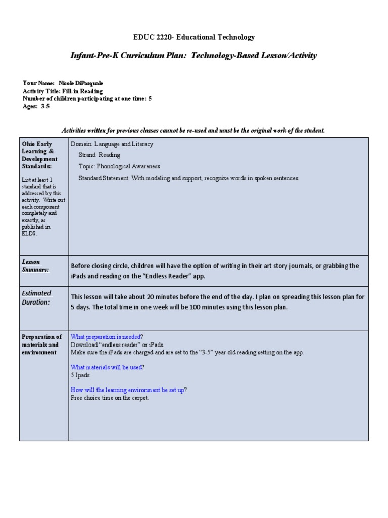 Ed Tech ECDE Activity Plan | PDF | Differentiated Instruction | Classroom