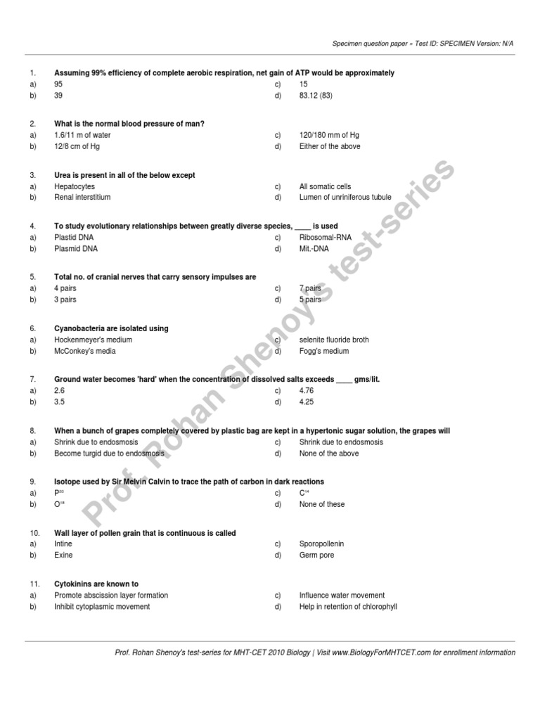 Prof. Rohan Shenoy's Test-Series For MHT-CET Biology - 2010 - Sample ...