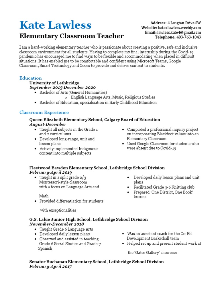 Kate Lawless Teaching Resume | PDF | Teaching Assistant | Classroom