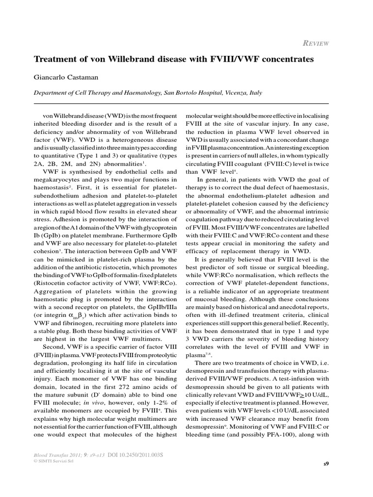 Treatment of Von Willebrand Disease With FVIII/VWF Concentrates | PDF ...