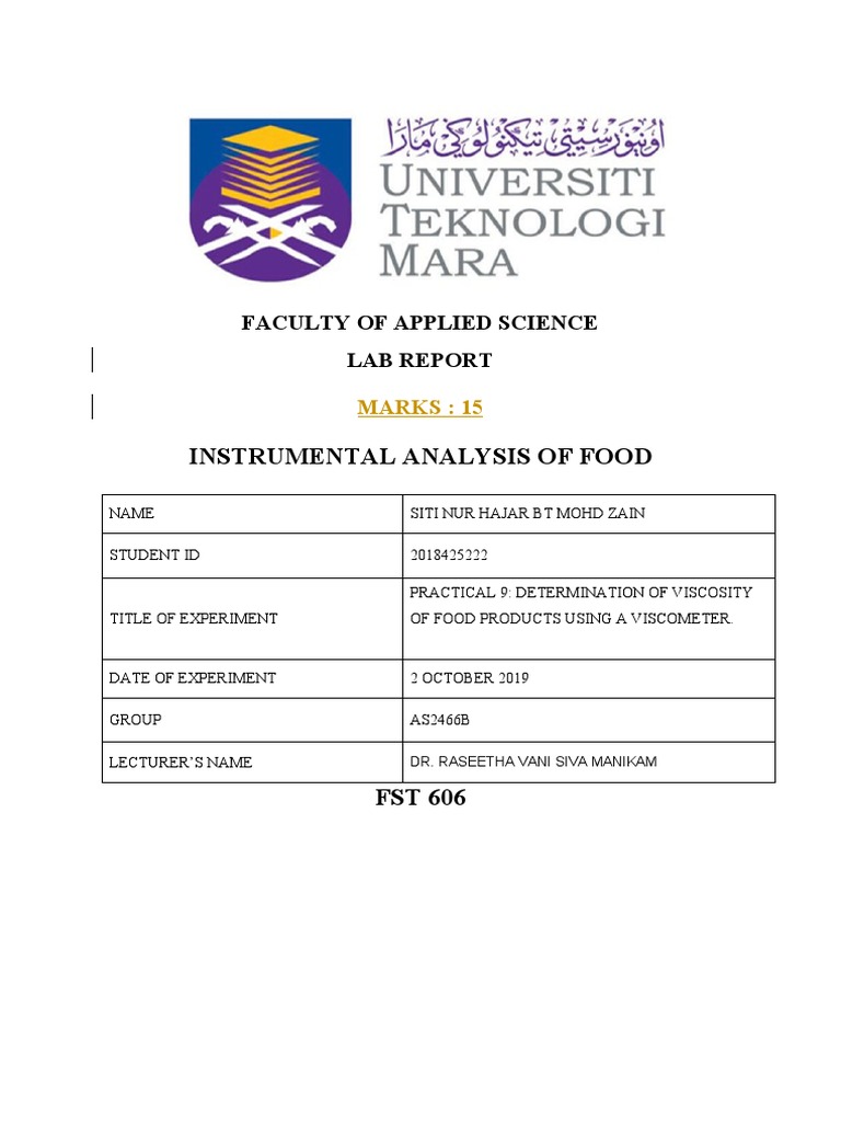 Instrumental Analysis of Food: Faculty of Applied Science Lab Report ...