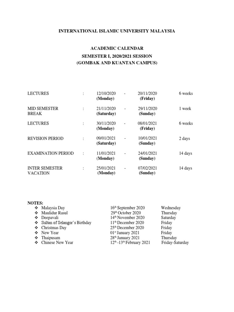 IIUM Academic Calendar 2020/2021 | PDF | Academic Term | Educational ...