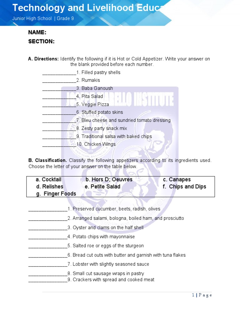 Name: Section:: A. Directions: Identify The Following If It Is Hot or Cold Appetizer. Write Your ...