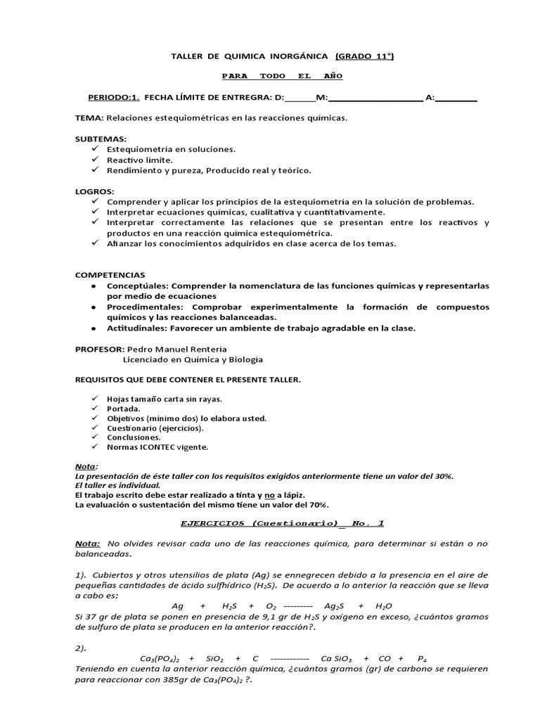 BANCO DE TALLERES 11-DE AUSENCIA DE QUIMICA GRADO 11 - Todo El Año | PDF | Hidrocarburos | Alcano