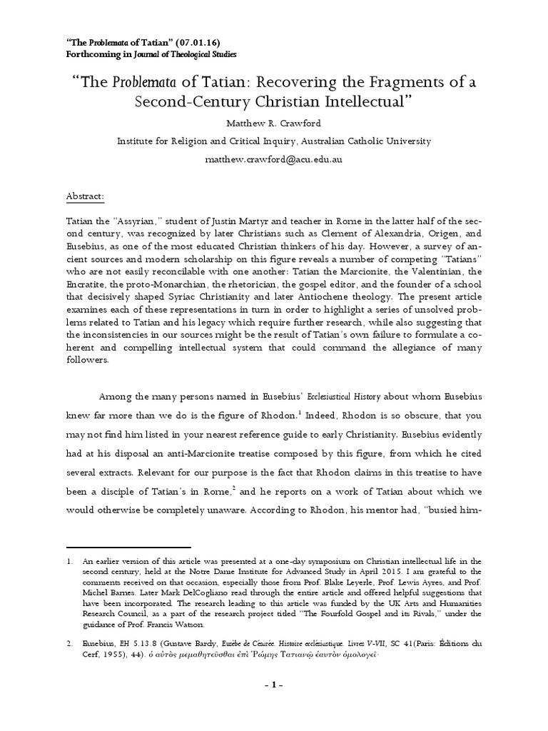 The Problemata of Tatian Recovering The | PDF | Irenaeus | Origen