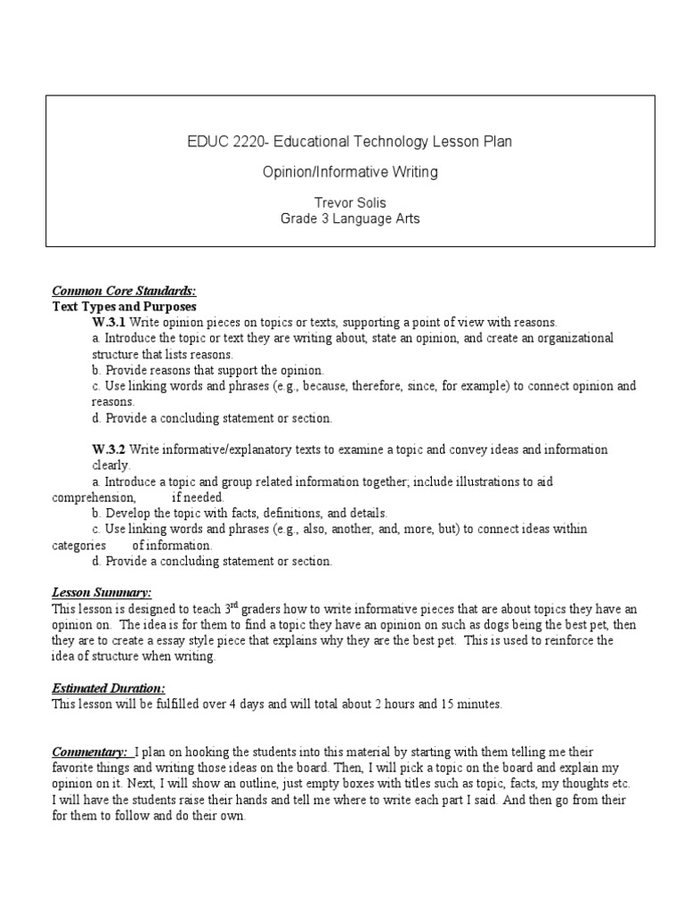 EDUC 2220-Educational Technology Lesson Plan Opinion/Informative Writing | PDF | Pedagogy | Learning