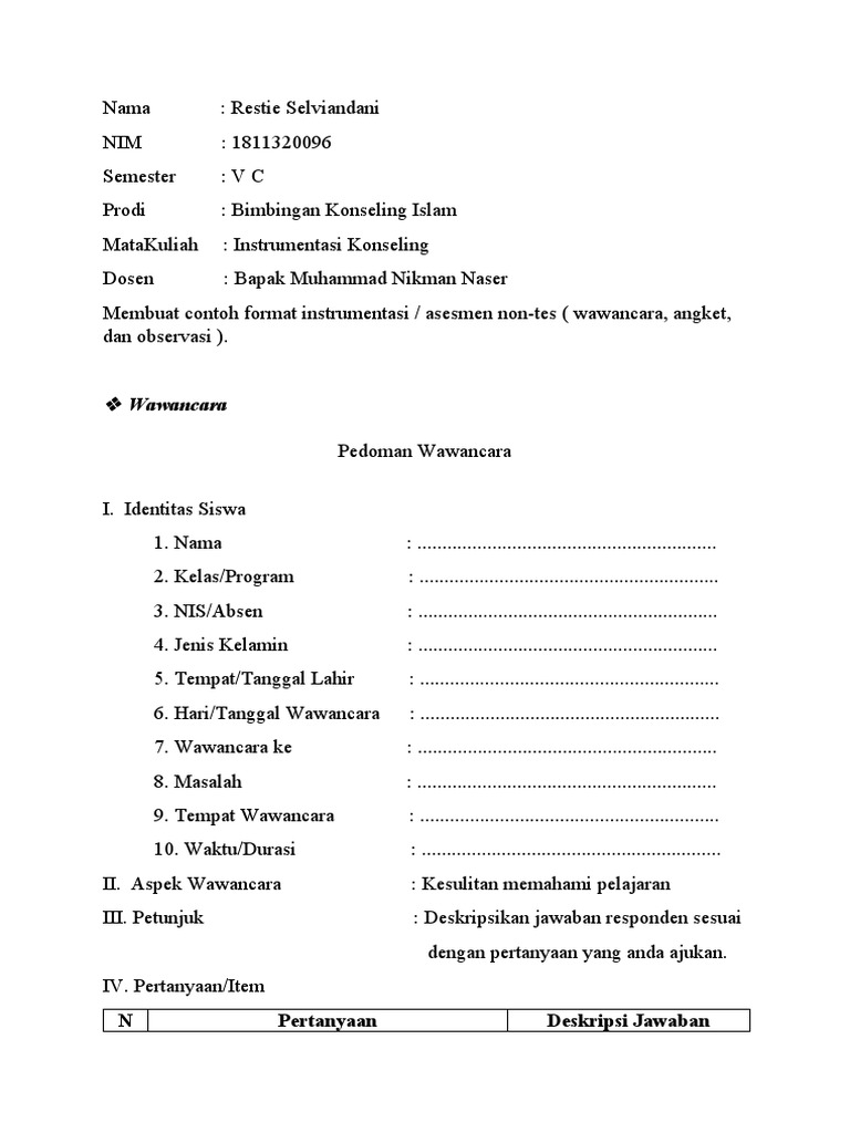 Tugas Contoh Format Asesmen Non Tes (Wawancara, Angket,&observasi ...