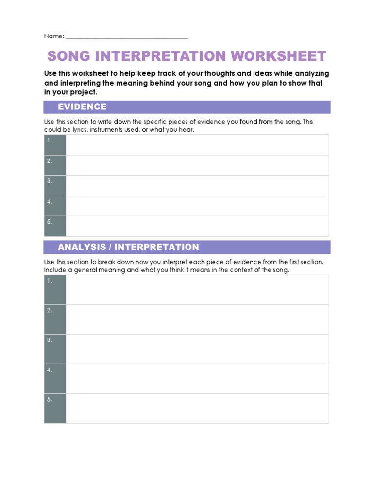 Song Interpretation Worksheet: Evidence | PDF