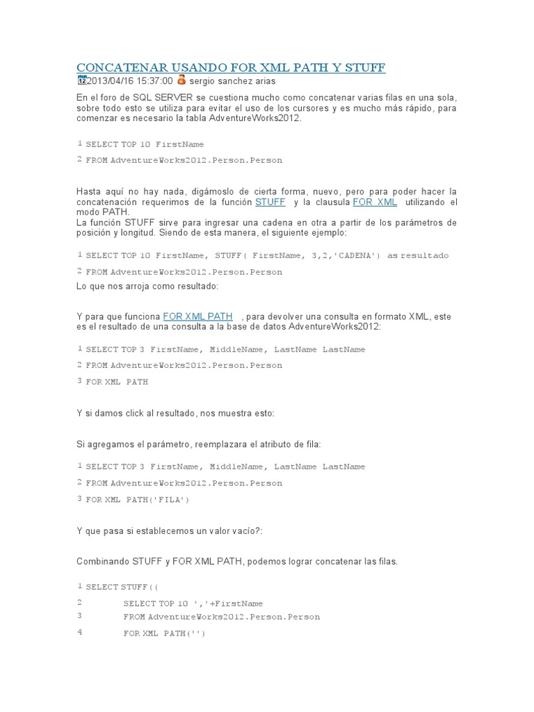 SQL - Concatenar Usando For XML Path y Stuff | PDF | SQL | Gestión de tecnología de la información