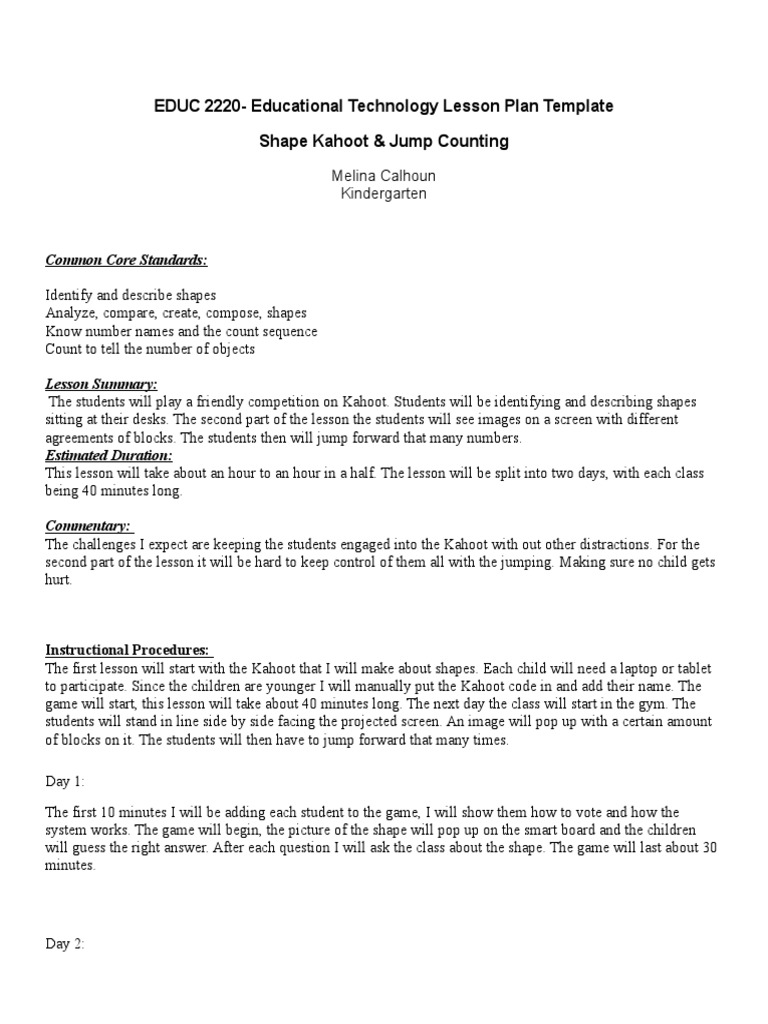 EDUC 2220-Educational Technology Lesson Plan Template Shape Kahoot & Jump Counting | PDF ...