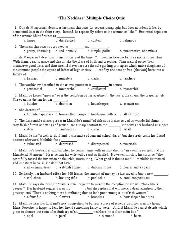 The Necklace Multiple Choice Quiz and KEY 25q | PDF | Jewelry | Design