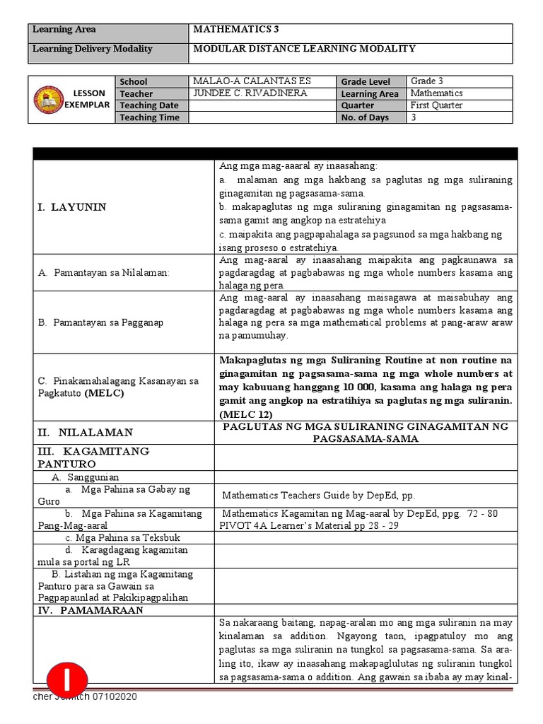 MATH-Lesson Exemplar-Q1-W6A-DONE Paglutas NG Mga Suliraning Ginagamitan ...