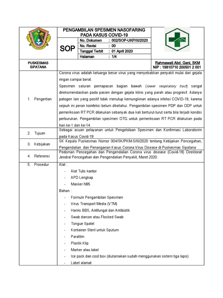 Sop Pengambilan Spesimen Nasofaring Covid 19 | PDF | Pengembangan Diri ...