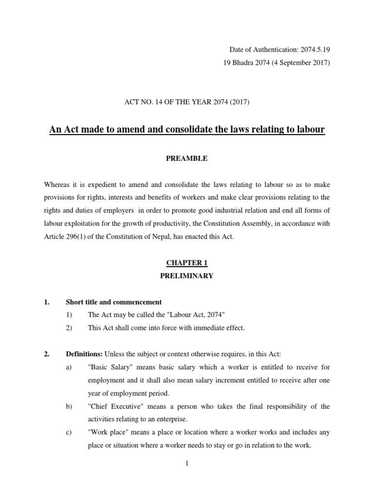 Final Copy Of Translated Nepal Labour Act 2074 2017 Sept 23 English