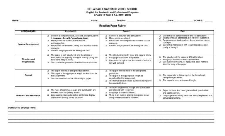 EAPP2019 - Reaction Paper Rubric PDF | PDF | Rubric (Academic) | Grammar