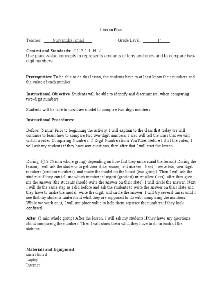 Lesson Plan Math Compare Two-Digit Numbers | PDF | Educational ...