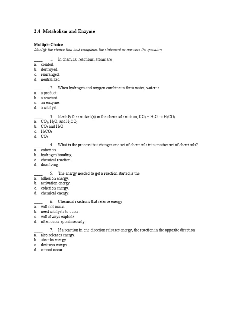 2.4 Metabolism and Enzyme: Multiple Choice | PDF