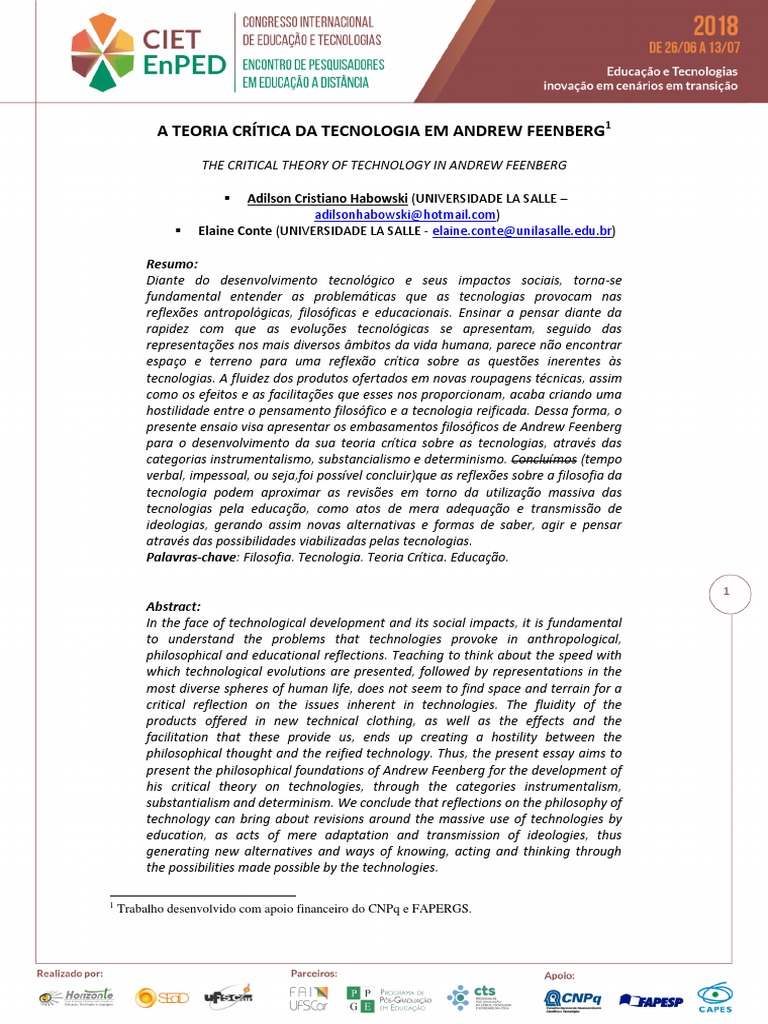 A Teoria Crítica Da Tecnologia em Andrew Feenberg | PDF | Sociologia ...