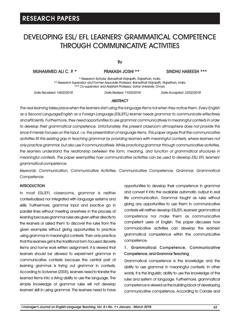 Grammatical Competence Activities Pdf English As A Second Or