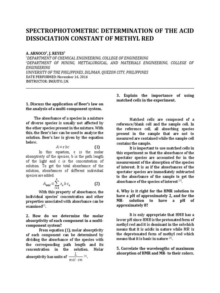 Spectrophotometric Determination of The Acid Dissociation Constant of ...