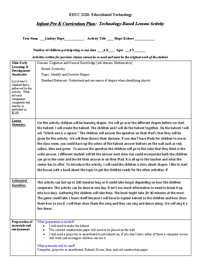 Ed Tech ECDE Activity Plan | PDF | Educational Technology | Classroom