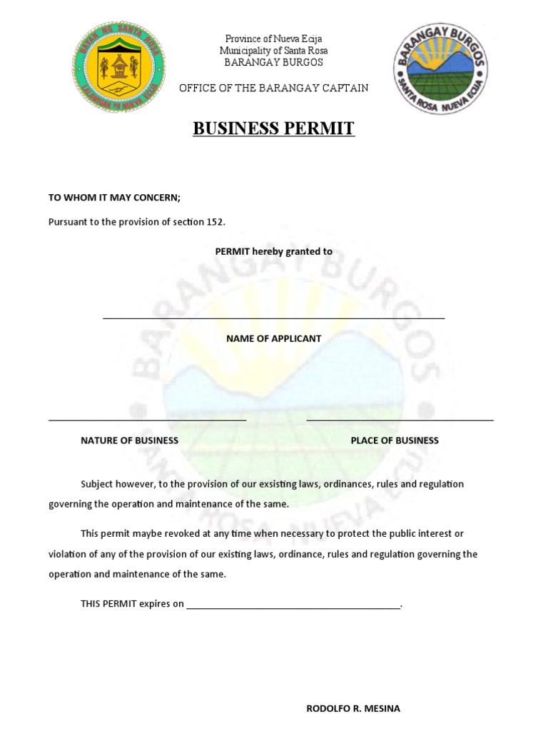 Business Permit: Province of Nueva Ecija Municipality of Santa Rosa ...