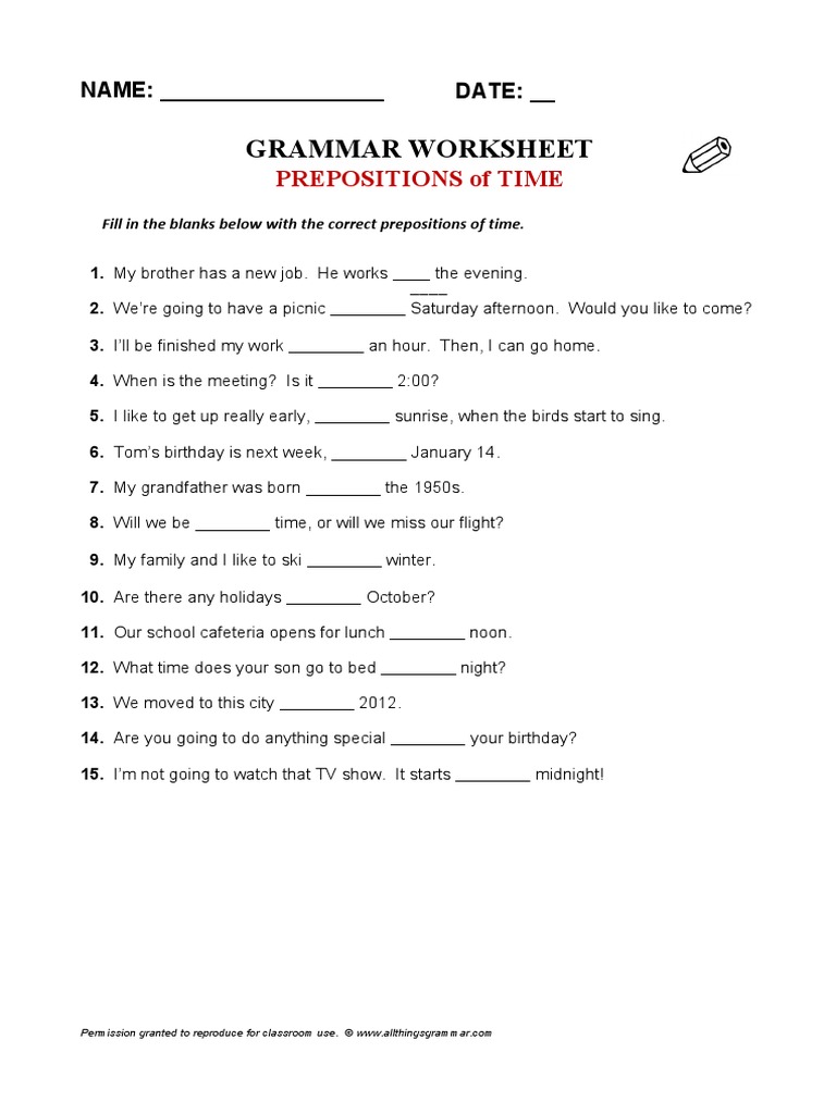 Grammar Worksheet: Prepositions of Time | PDF | Language Arts & Discipline