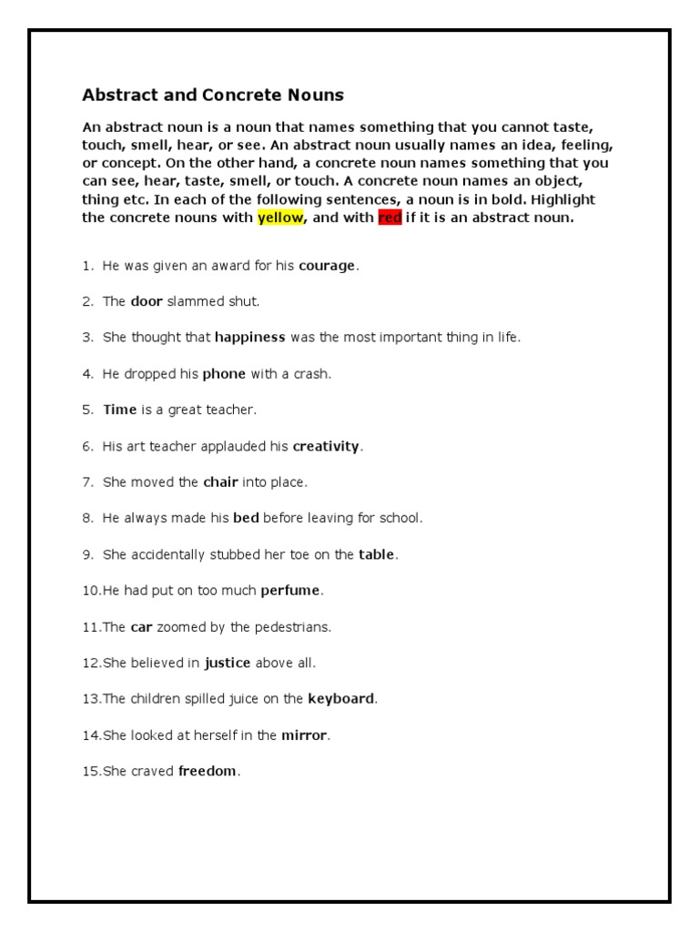Task - Concrete and Abstract Nouns | PDF