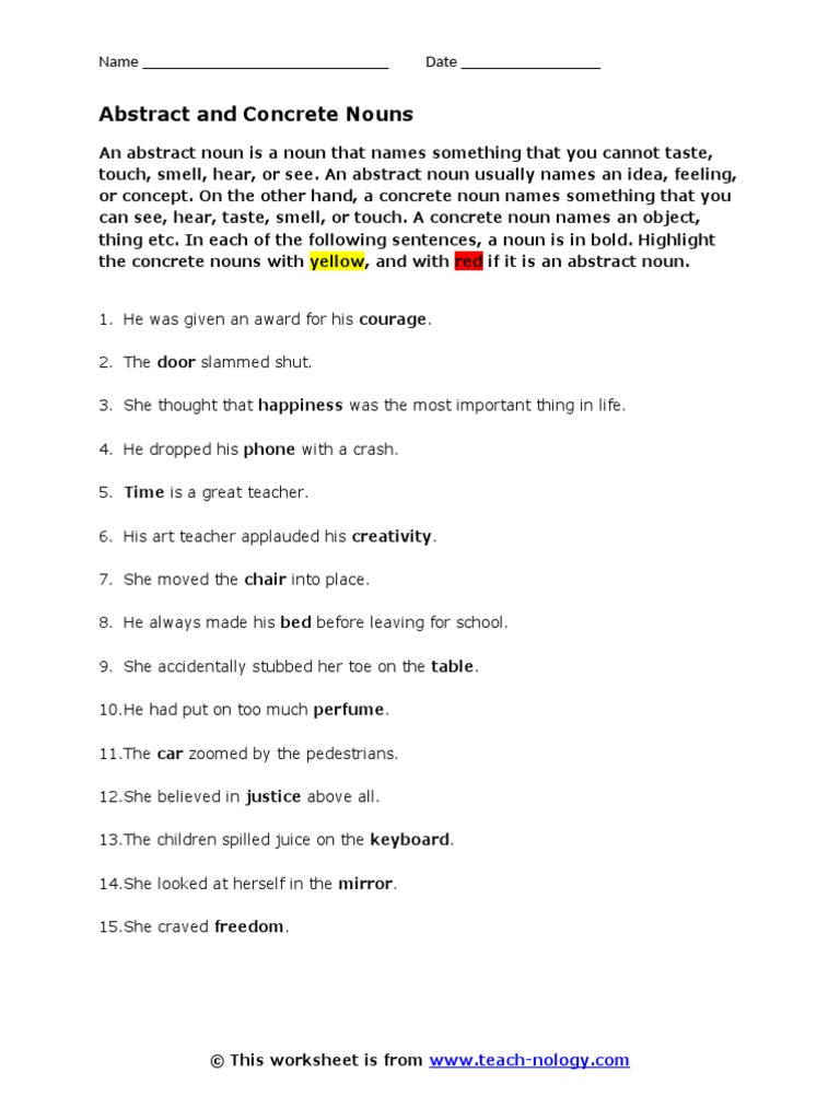 Concrete and Abstract nouns-WITH ANSWERS | PDF
