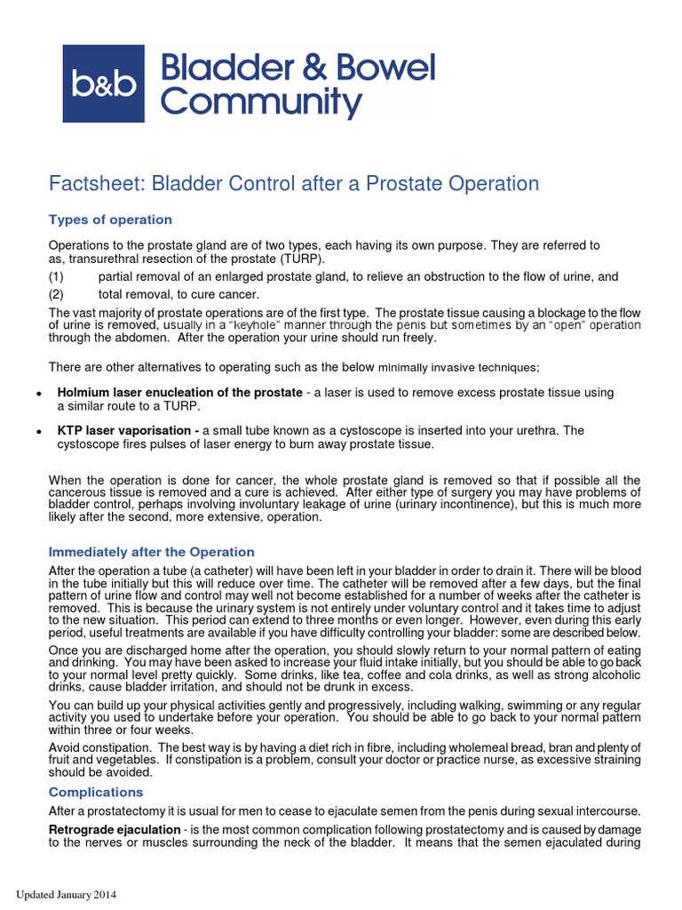 Factsheet: Bladder Control After A Prostate Operation | PDF | Urinary ...