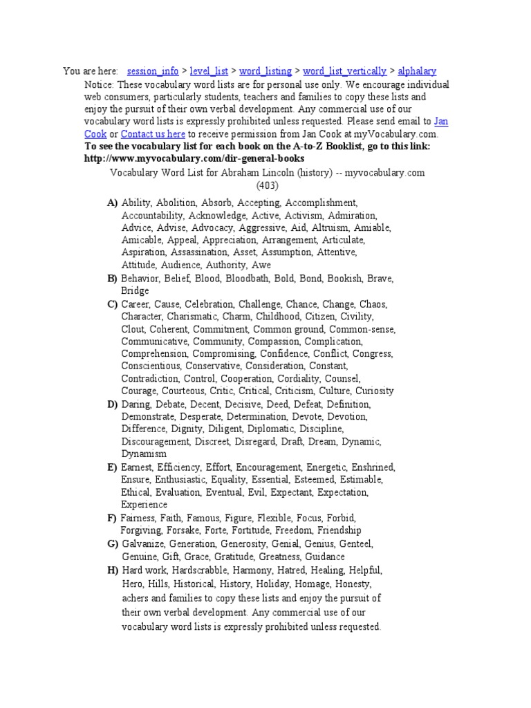 Abraham Lincoln Vocabulary Word List | PDF