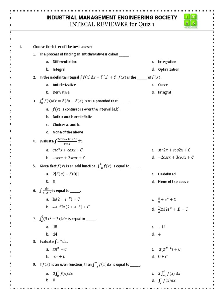 Intecal Reviewer For Quiz 1: Industrial Management Engineering Society ...