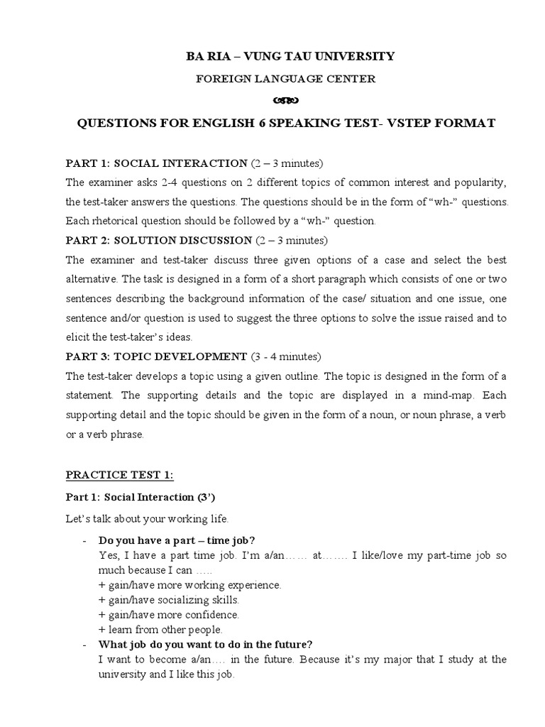Questions For English 6 Speaking Test-Vstep Format: Ba Ria - Vung Tau ...