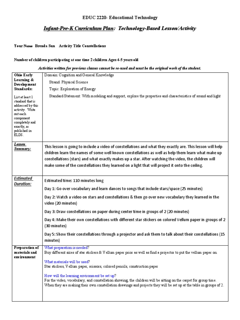 Infant-Pre-K Curriculum Plan: Technology-Based Lesson/Activity | PDF ...
