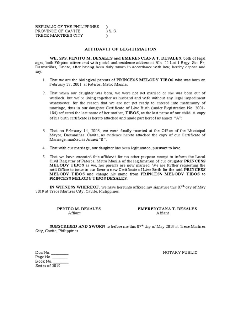 Affidavit of Legitimation-Desales | PDF | Law
