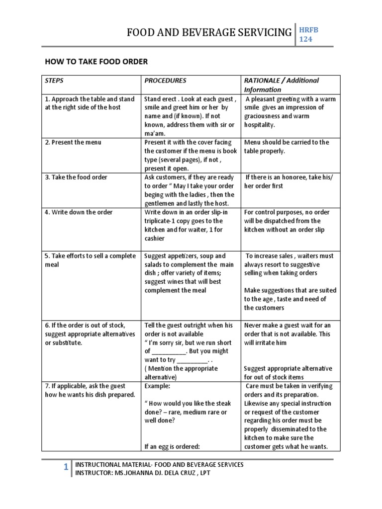 How To Take Food Order | Download Free PDF | Waiting Staff | Menu