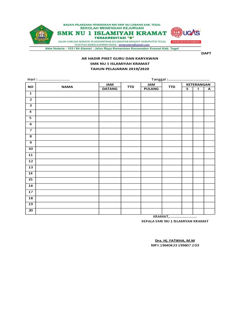 Daftar Hadir Piket Guru Dan Karyawan | PDF
