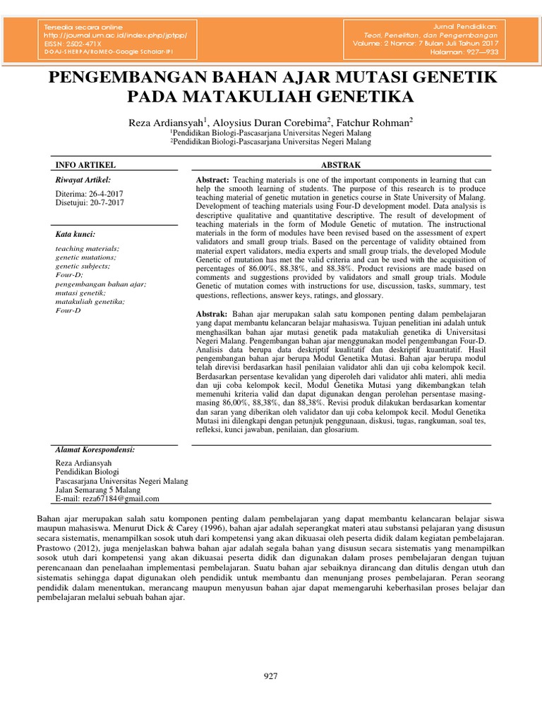 Pengembangan Bahan Ajar Mutasi Genetik Pada Matakuliah Genetika | PDF ...