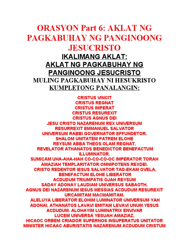 ORASYON Part 6 - AKLAT NG PAGKABUHAY NG PANGINOONG JESUCRISTO | PDF