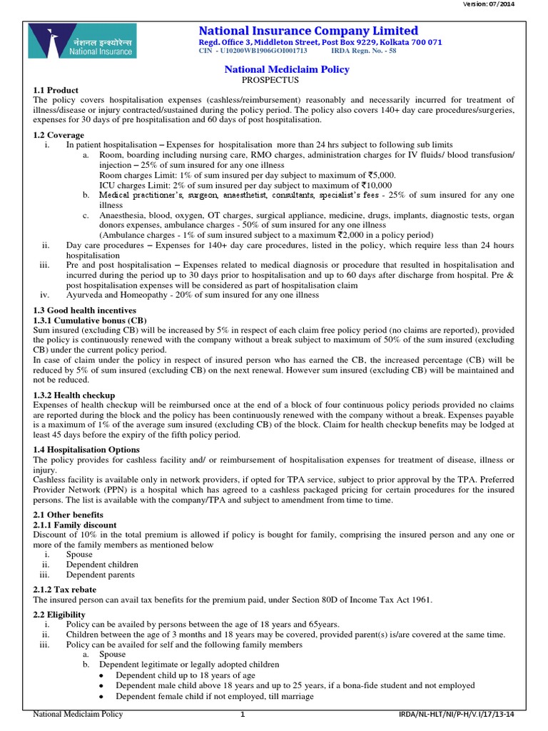 Prospectus National Mediclaim Policy | PDF | Insurance | Medical ...