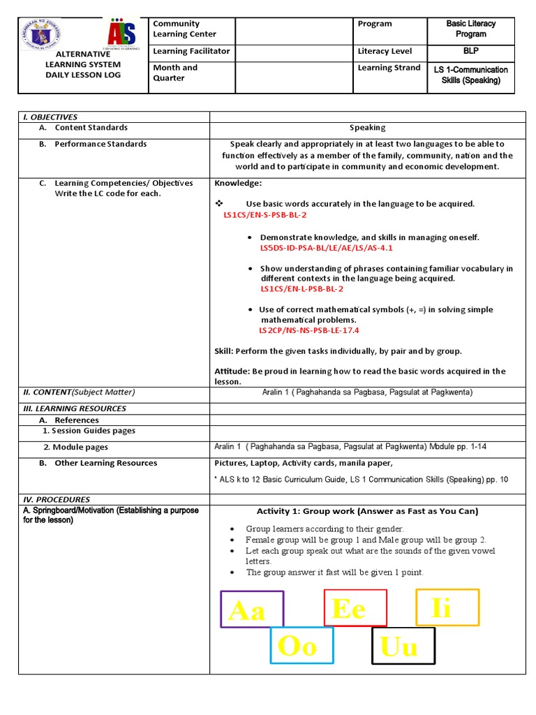 DLL (Pagsulat, Pagbasa, Pagsalita Aralin1 BLP) | PDF | Literacy | Learning