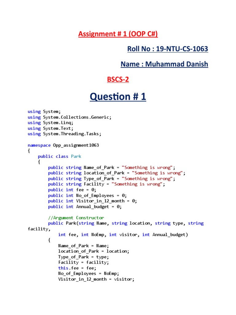 Question # 1: Assignment # 1 (OOP C#) | Download Free PDF | Constructor ...
