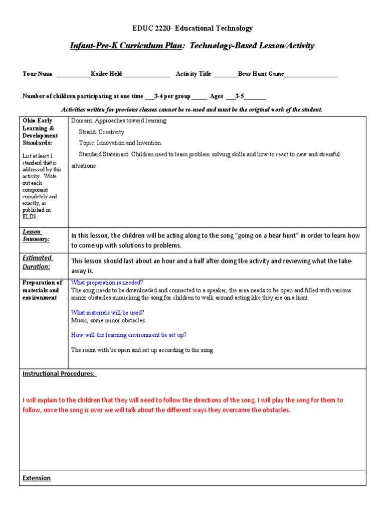 Infant-Pre-K Curriculum Plan: Technology-Based Lesson/Activity | PDF | Educational Technology ...