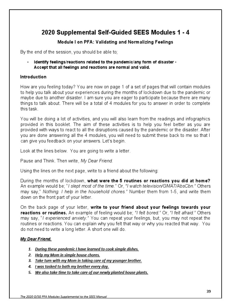2020 Supplemental Self-Guided SEES Modules 1 - 4: Module I On PFA: Validating and Normalizing ...