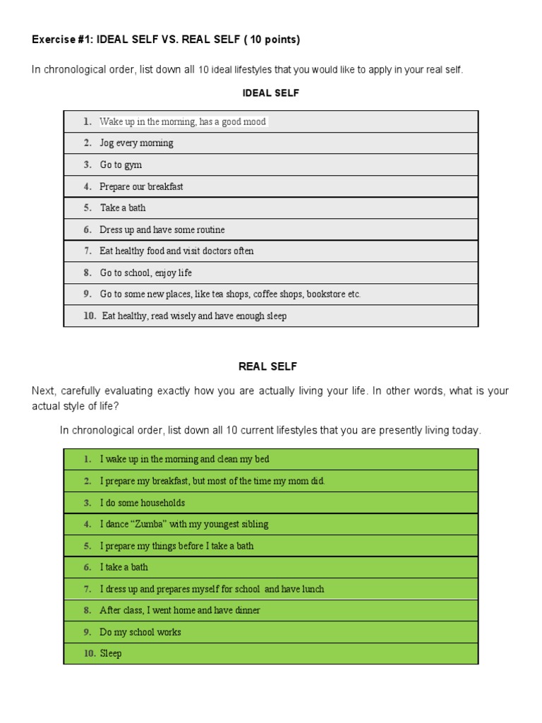 Exercise #1: IDEAL SELF VS. REAL SELF (10 Points) | PDF