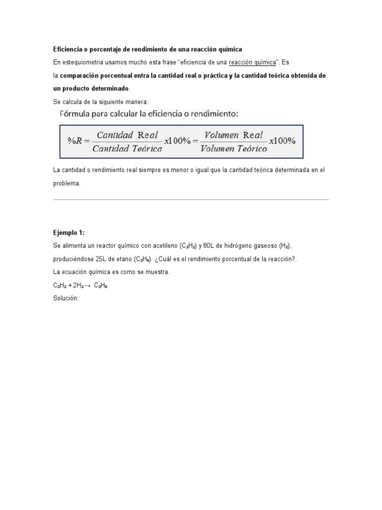 Eficiencia o Porcentaje de Rendimiento de Una Reacción Química | PDF ...